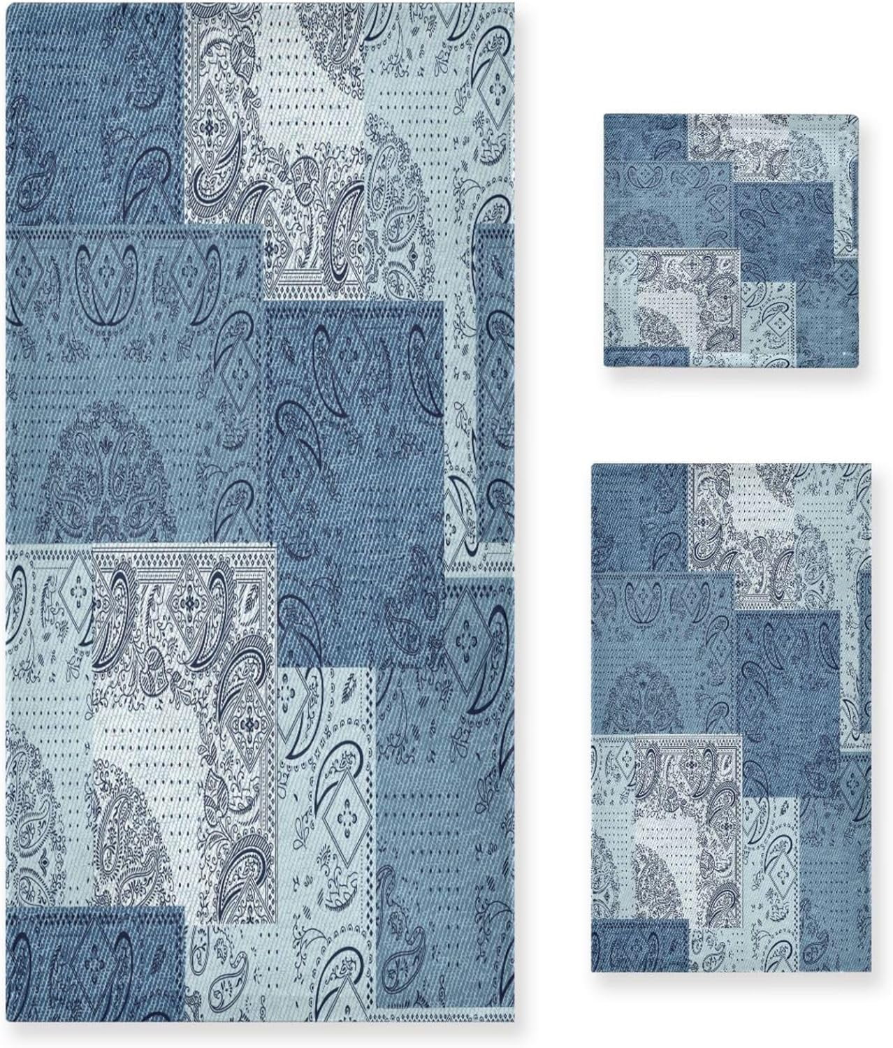GZHJMY Denim Patchwork Paisley Towel Set of 3, Highly Absorbent Soft ...