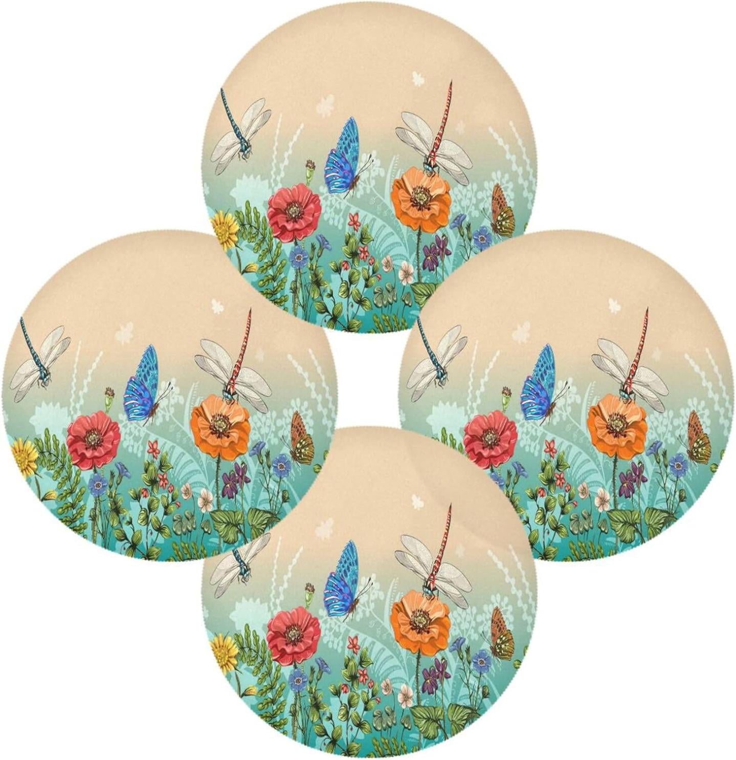 GZHJMY Dragonfly Butterfly Flower Round Placemats, 4 Pack Table Mats ...