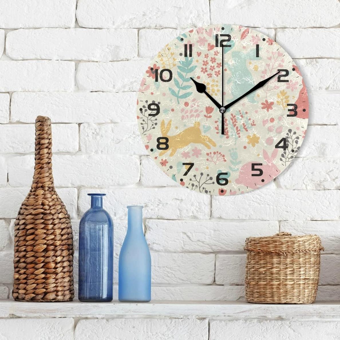 GZHJMY Easter Bunny Wall Clock, 10" Silent Non Ticking Round Clock, Oil ...