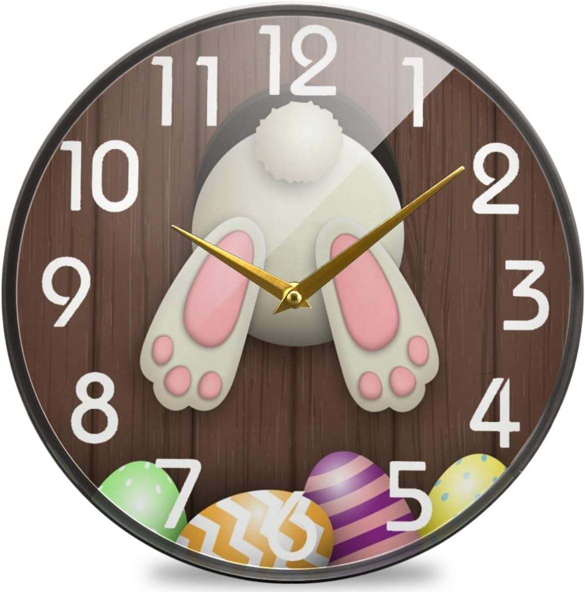 GZHJMY Easter Cute Bunny Eggs on Wooden Background Round Wall Clock, 9. ...