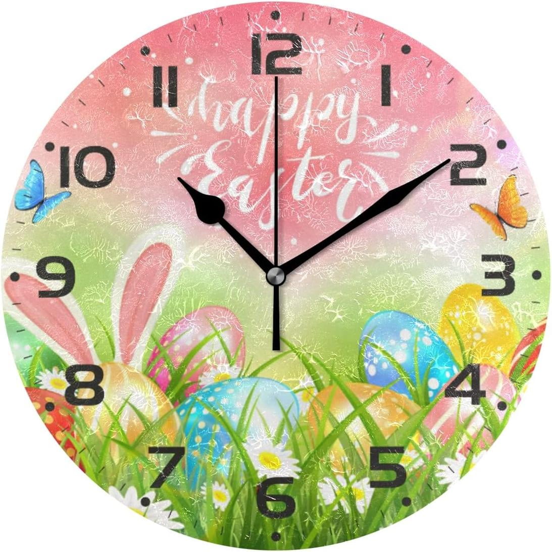 GZHJMY Easter Eggs Wall Clock, 10" Silent Non Ticking Round Clock, Oil ...