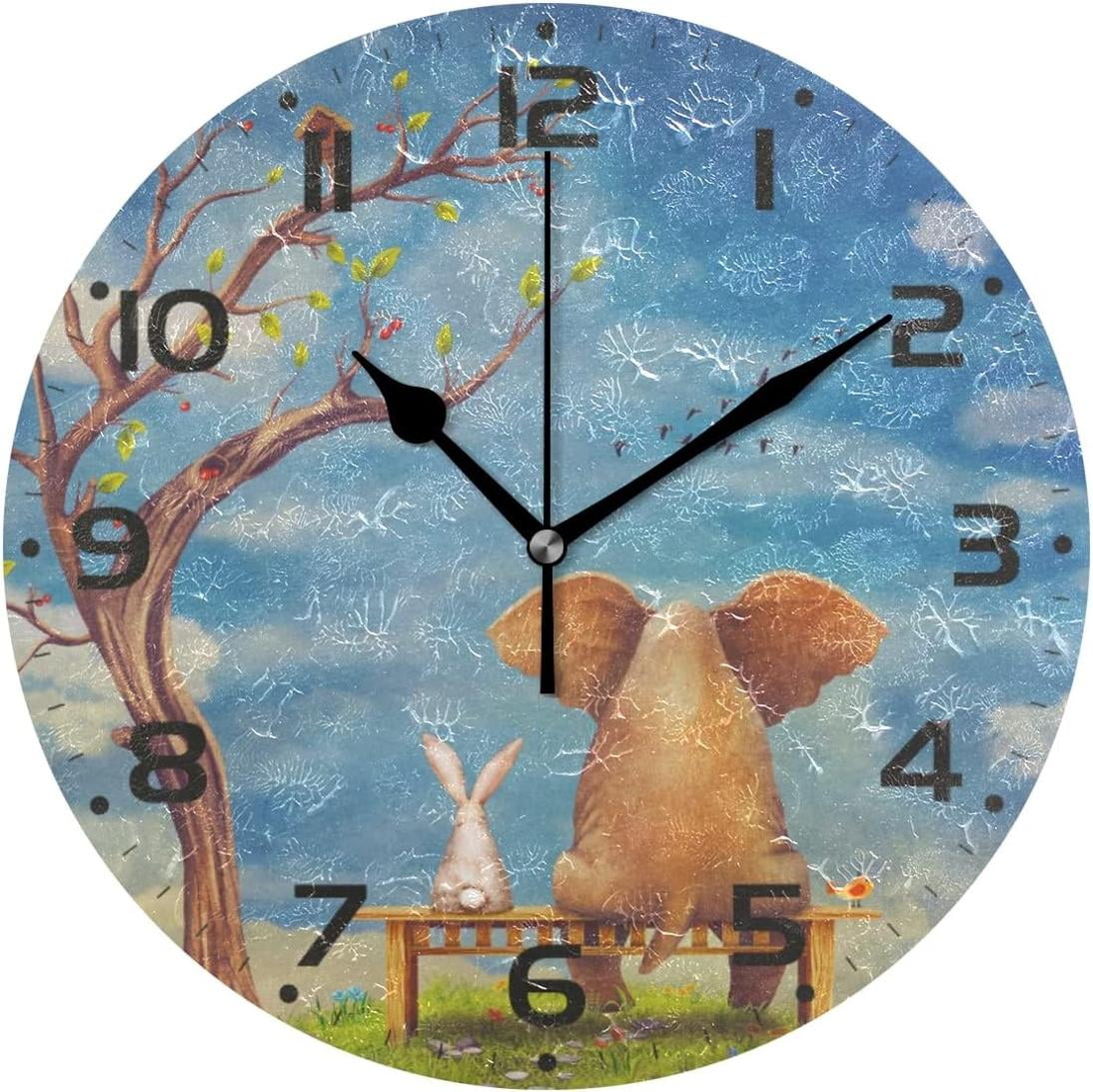 GZHJMY Elephant Rabbit Oil Painting Wall Clock, 10" Silent Non Ticking ...