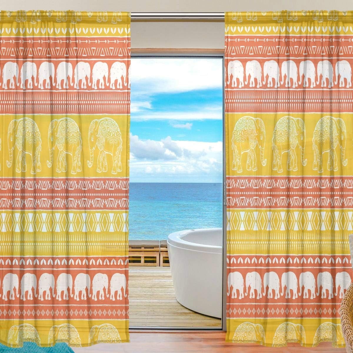 GZHJMY Ethnic Orange India Elephants Sheer Curtains Window Voile Panels ...