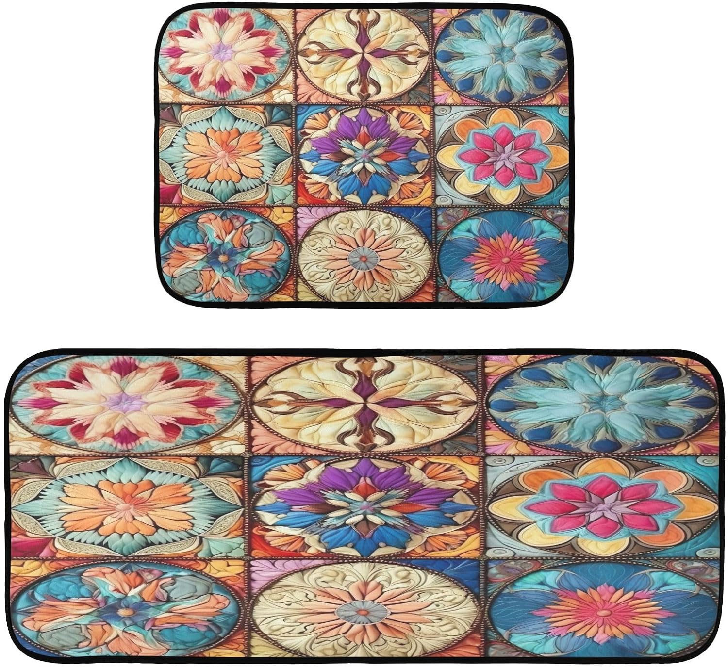 GZHJMY Ethnic Print Kitchen Rug Set of 2 Non Slip Washable Cushioned ...