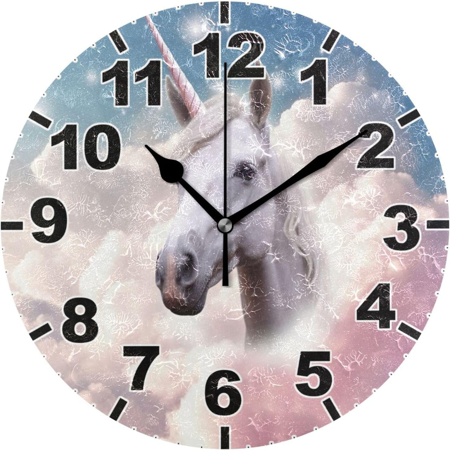 GZHJMY Fantasy Unicorn Round PVC Wall Clock, Battery Operated Silent ...