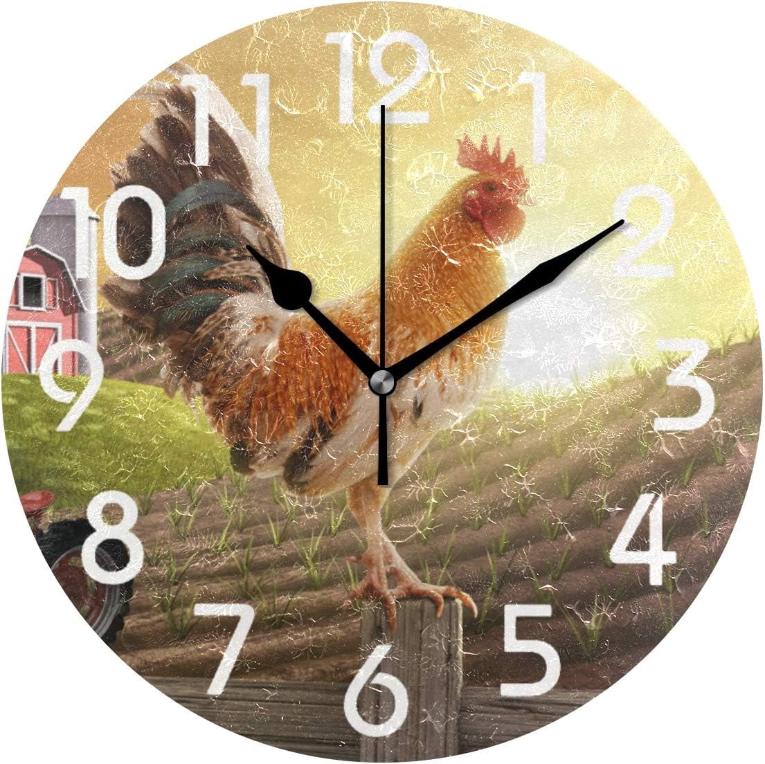 GZHJMY Farm Beautiful Rooster Round Wall Clock, 9.5 Inch Battery ...