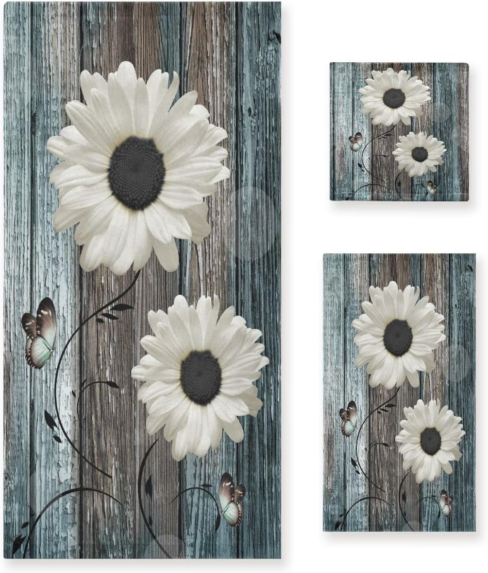 GZHJMY Farmhouse Bath Towels Set Floral Rustic White Daisy Flower Teal ...