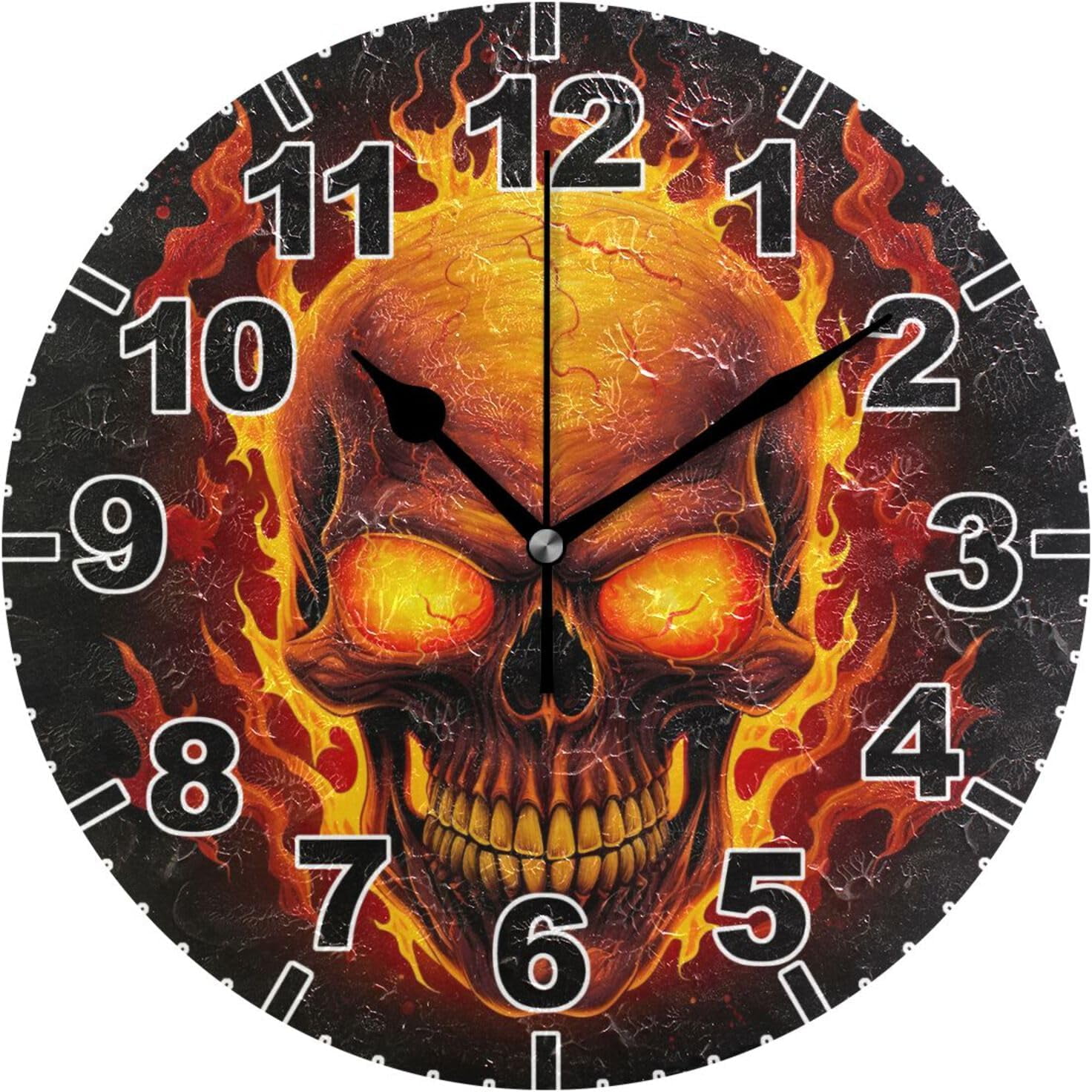 GZHJMY Flame Skull Round PVC Wall Clock, Battery Operated Silent Non ...