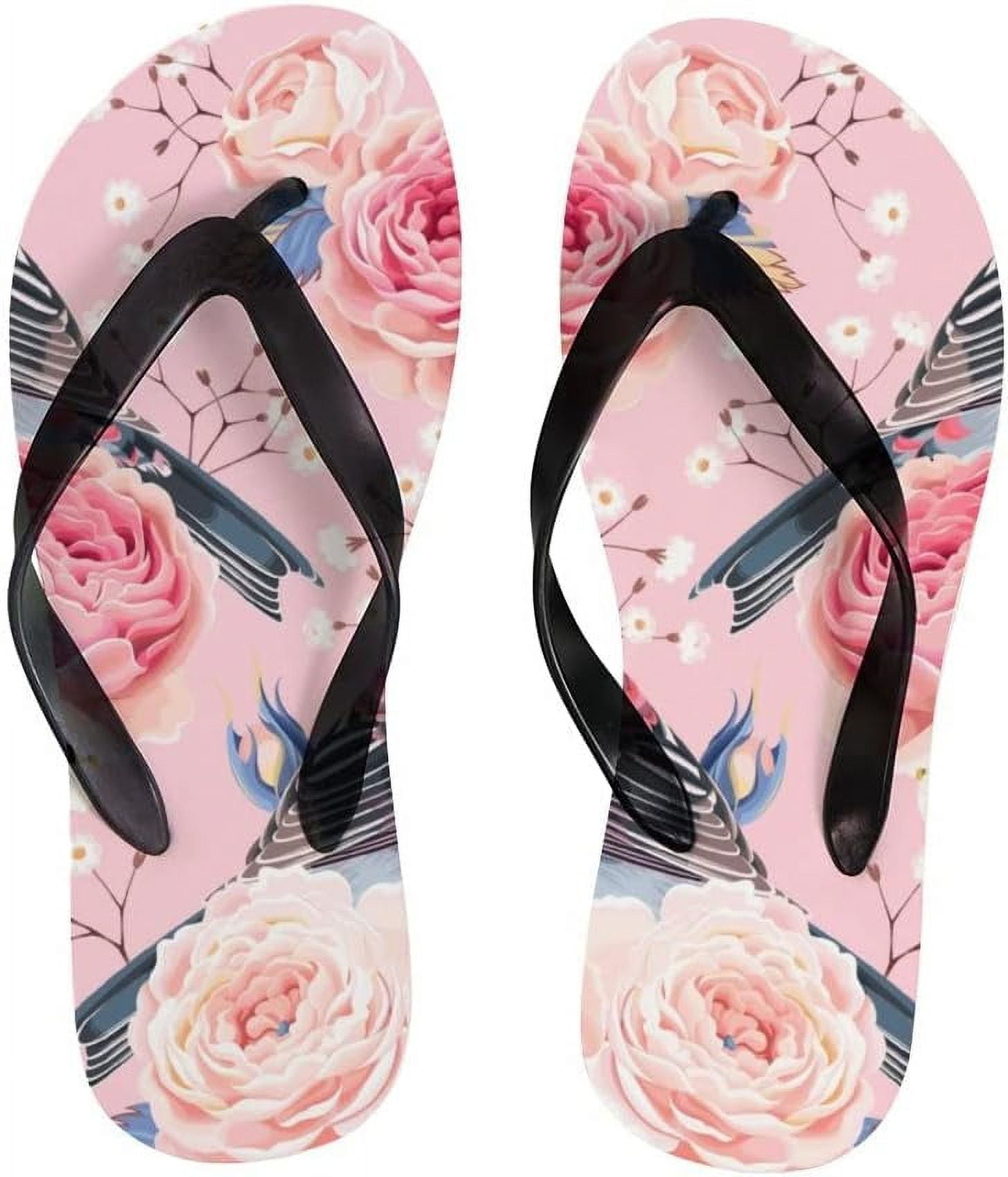 GZHJMY Flip Flops Birds Pink Rose Peony Floral Thong Slip On Slippers ...