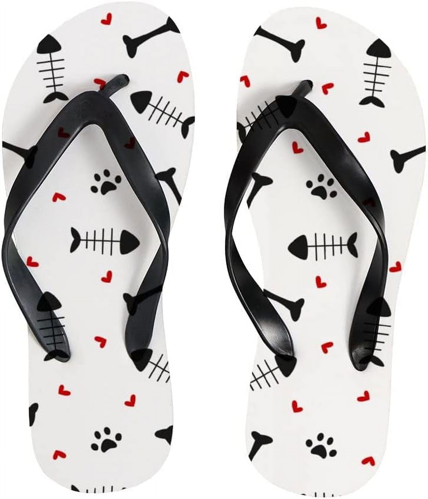 GZHJMY Flip Flops Cute Cat Animal Cartoon Footprints Fish Black White ...