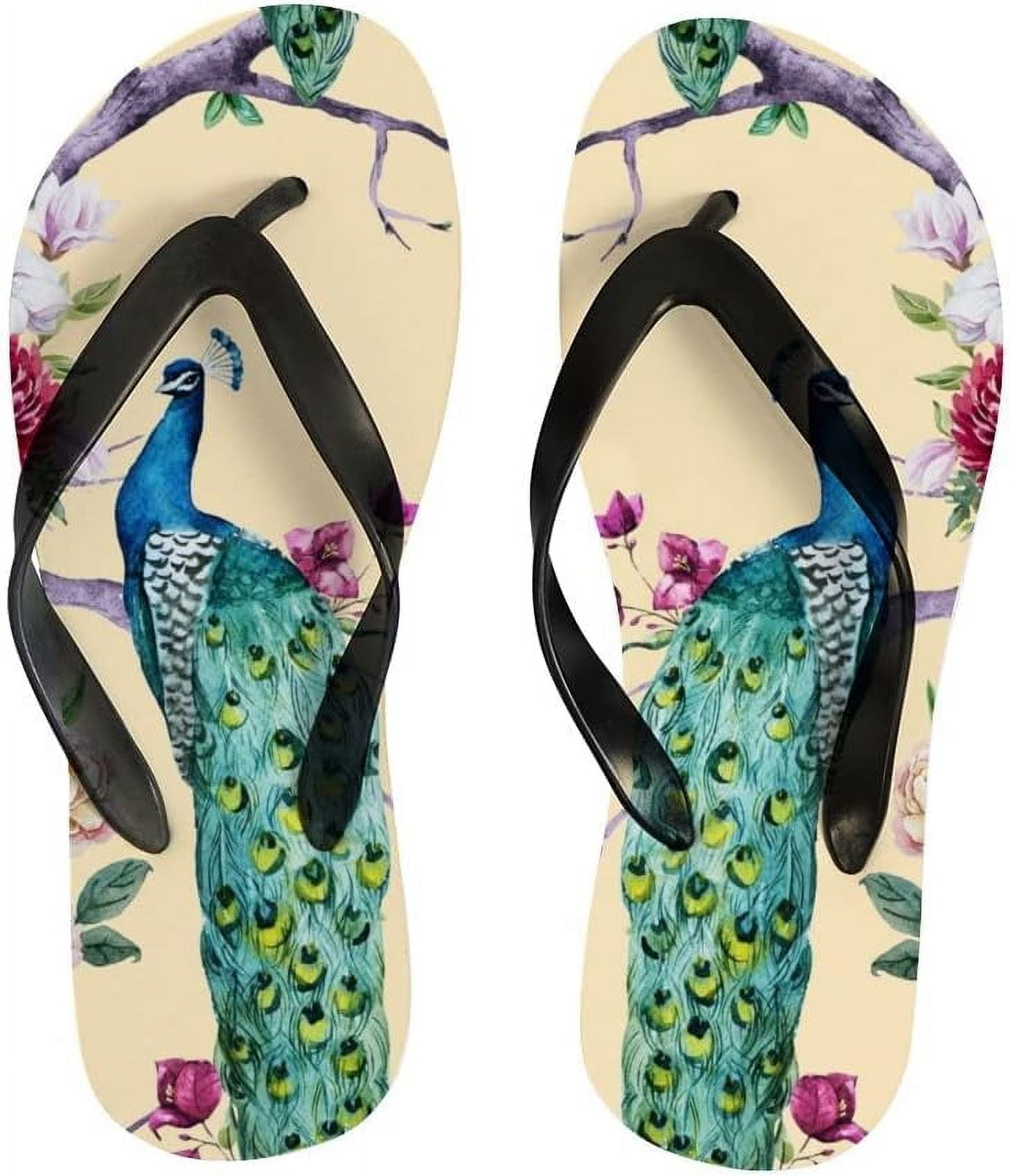 GZHJMY Flip Flops Slippers Vintage Peacock Animals Floral Flowers Tree ...