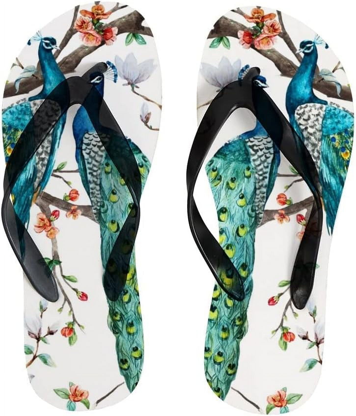 GZHJMY Flip Flops Vintage Peacock Animals Floral Flowers Tree Slippers ...