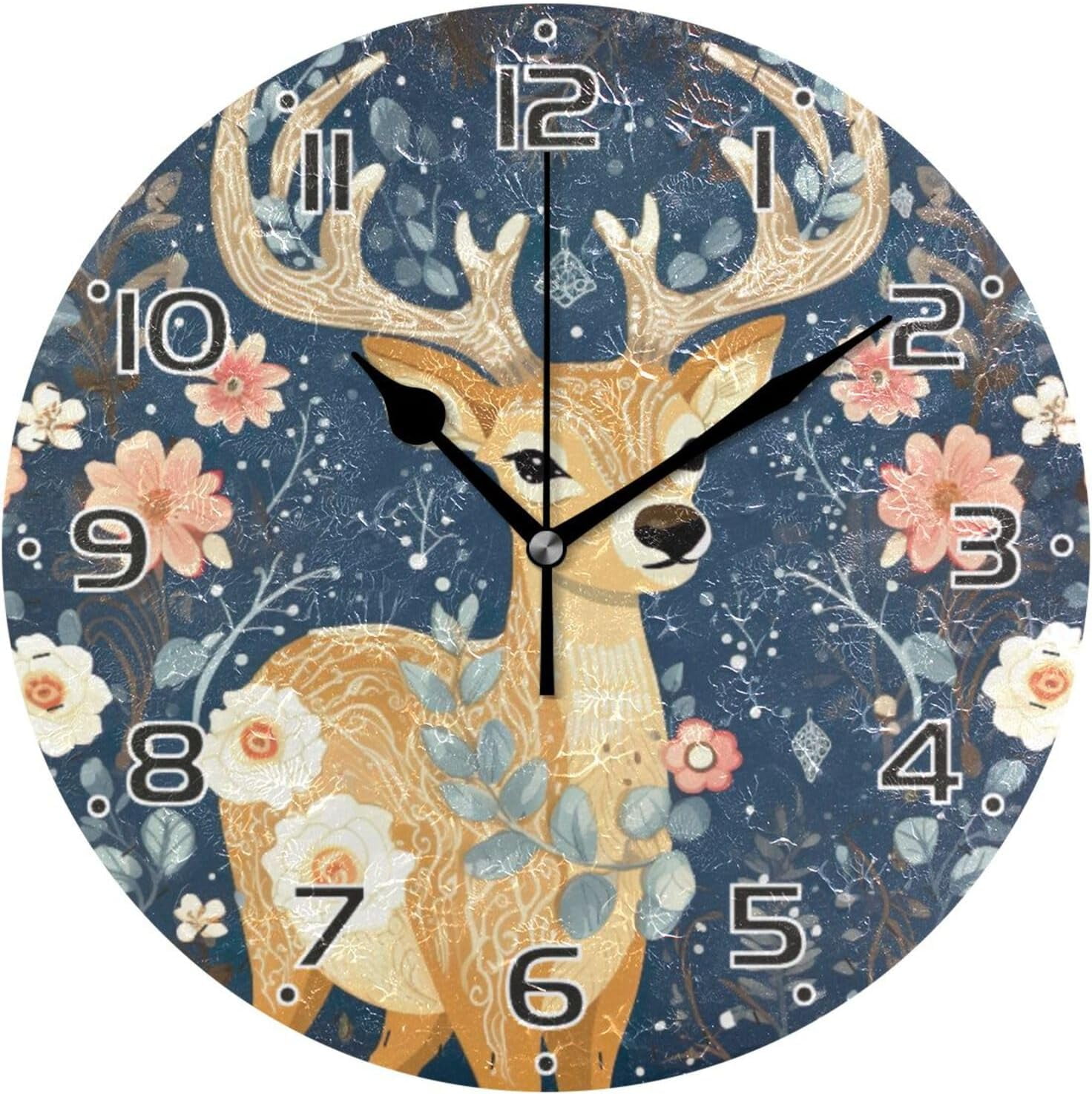 GZHJMY Floral Deer Clock Silent Round Wall Clock Non Ticking Battery ...