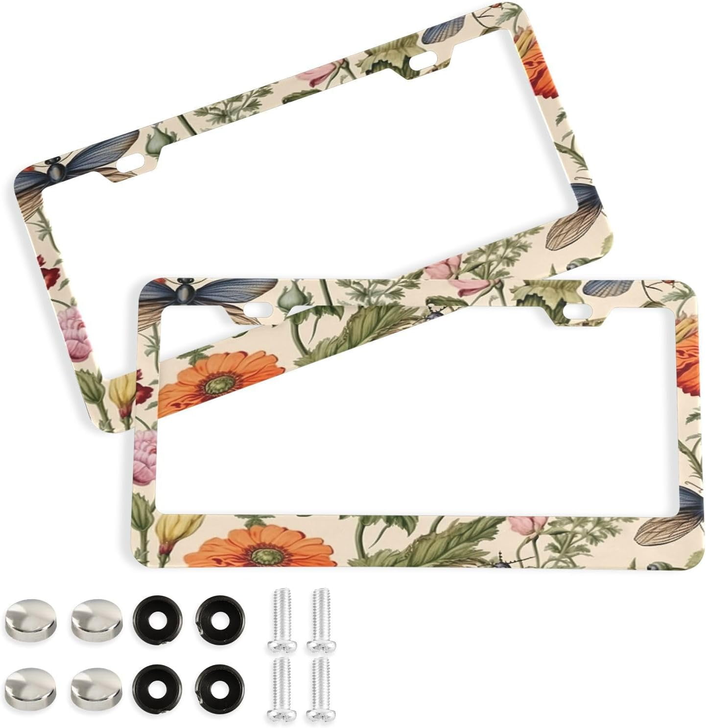 GZHJMY Floral Dragonflies License Plate Frames Set of 2, Universal ...