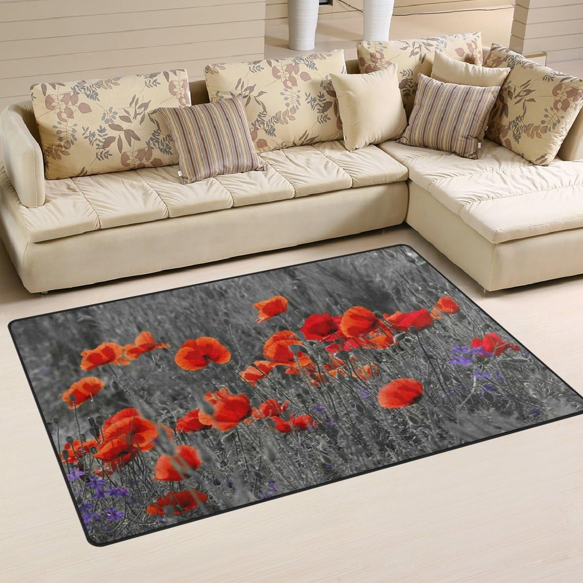 GZHJMY Floral Flower Area Rug 3'x5', Black and White Red Poppy ...