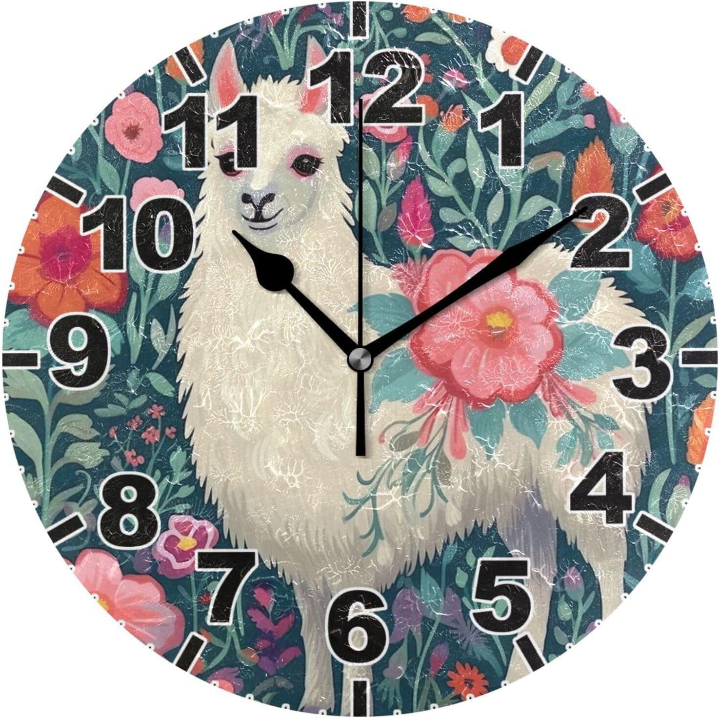 GZHJMY Floral and Llama Round Wall Clock, Battery Operated Silent Non ...
