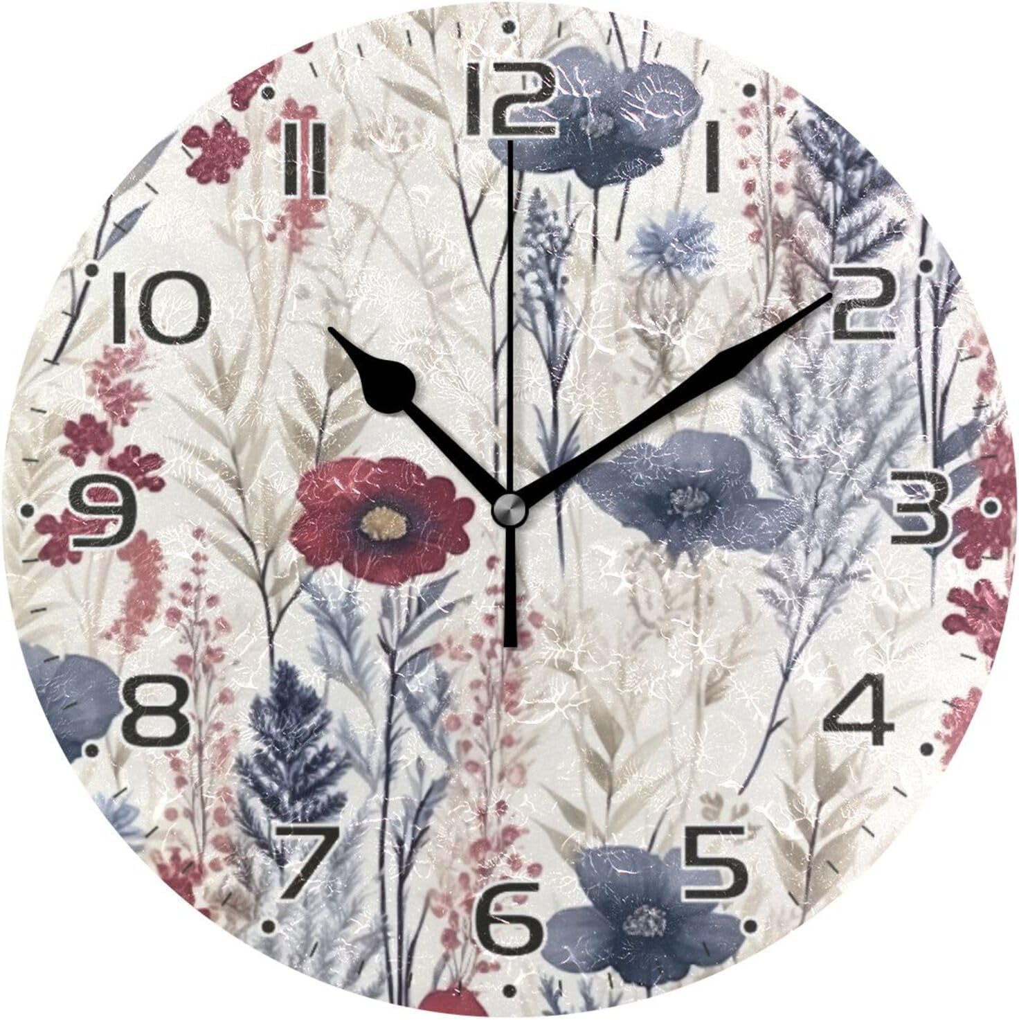 GZHJMY Floral Pattern Clock Silent Round Wall Clock Non Ticking Battery ...