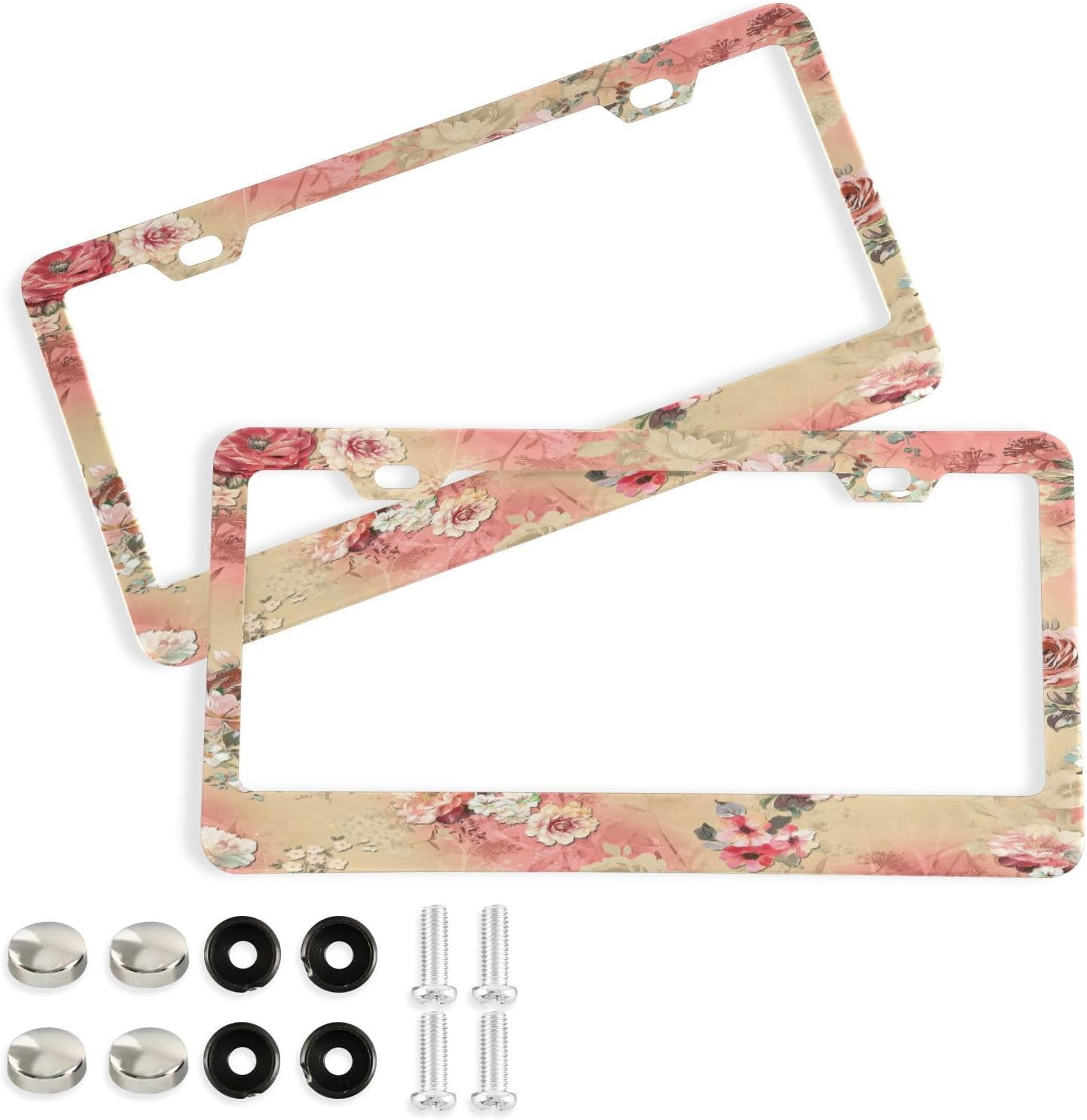 GZHJMY Flowers Car License Plate Frame, 2 Pack Aluminum License Plate ...