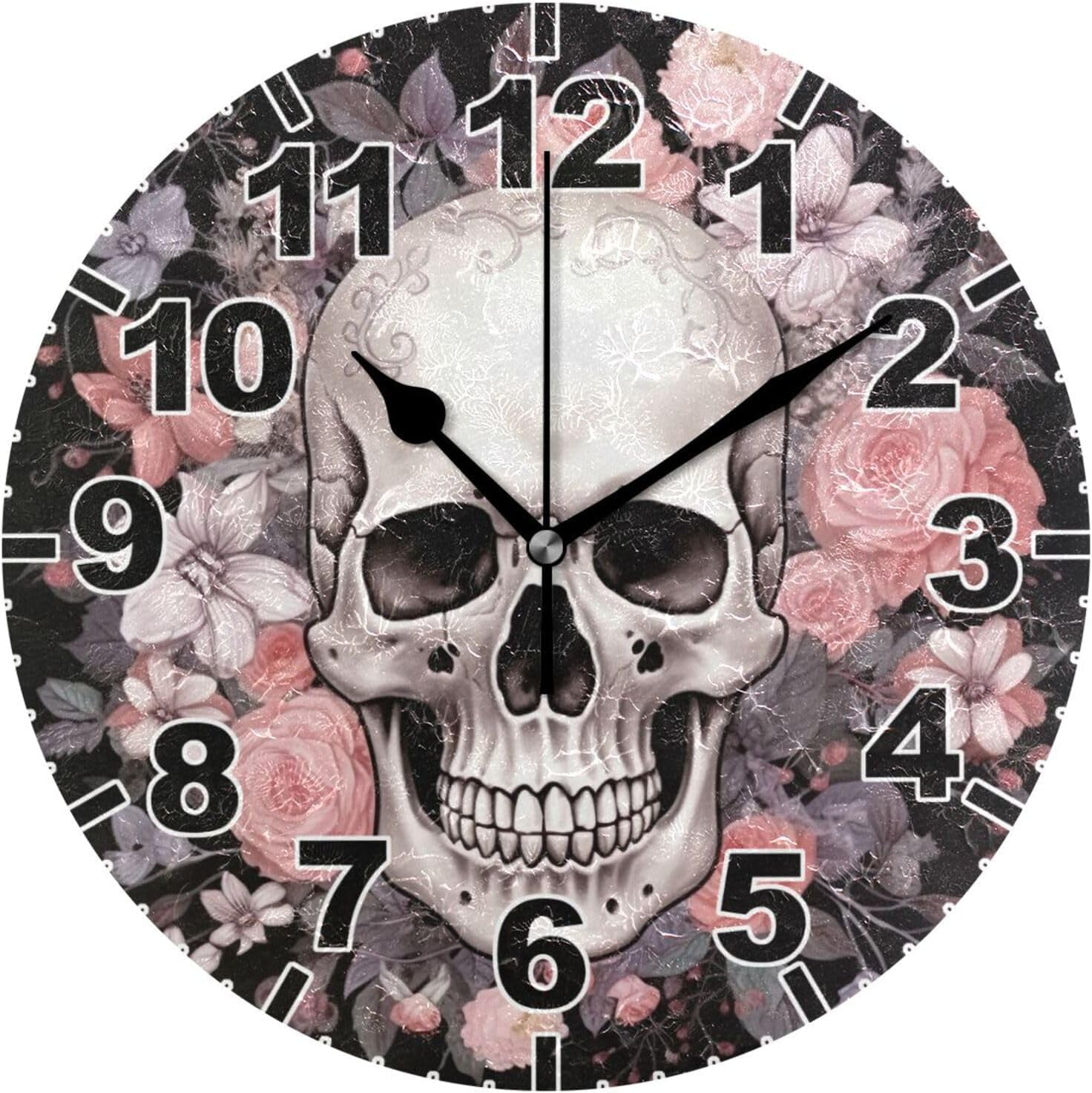 GZHJMY Flowers Skull Round Wall Clock, Battery Operated Silent Non ...