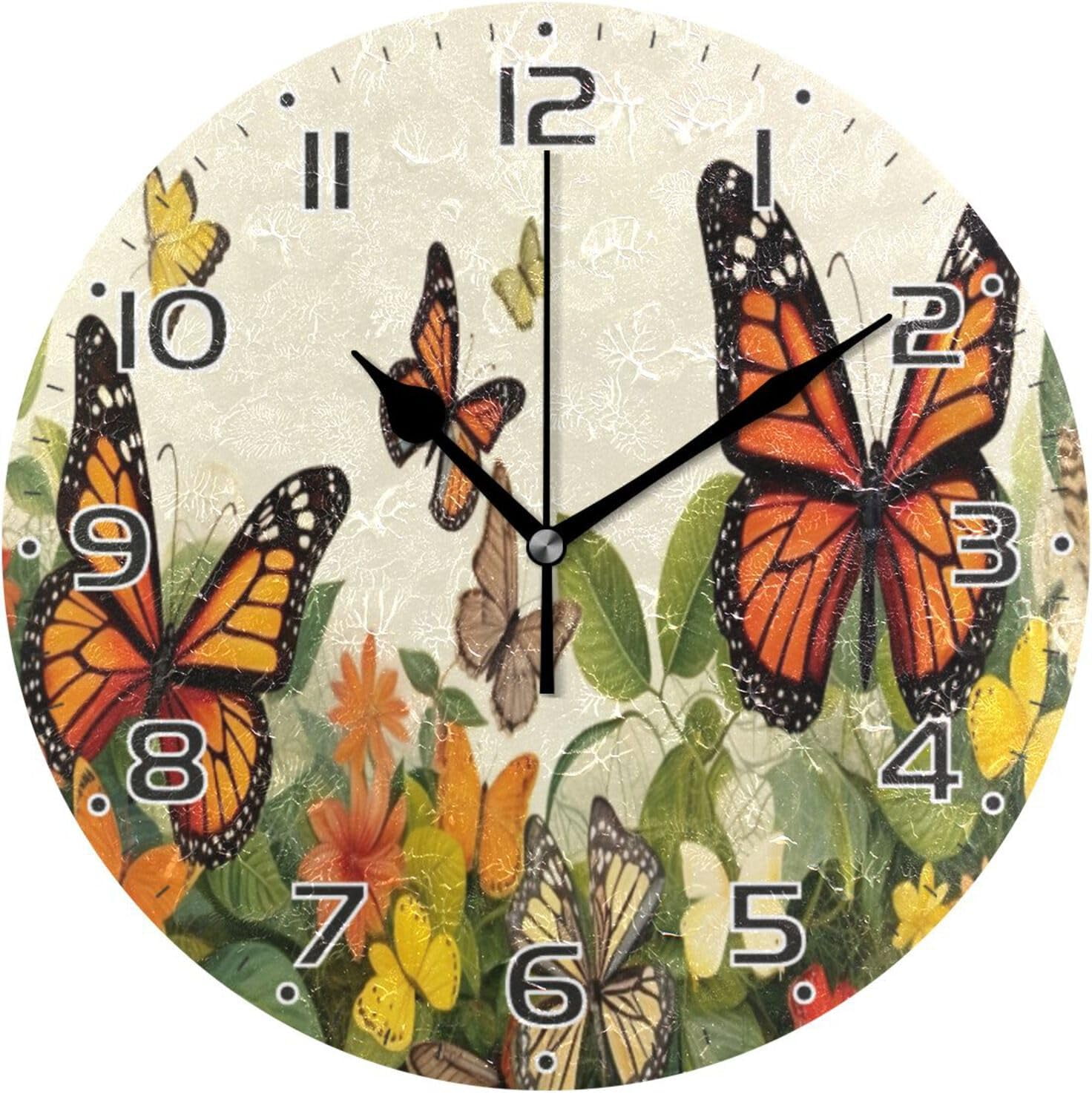 GZHJMY Flying Butterflies Clock Silent Round Wall Clock Non Ticking ...