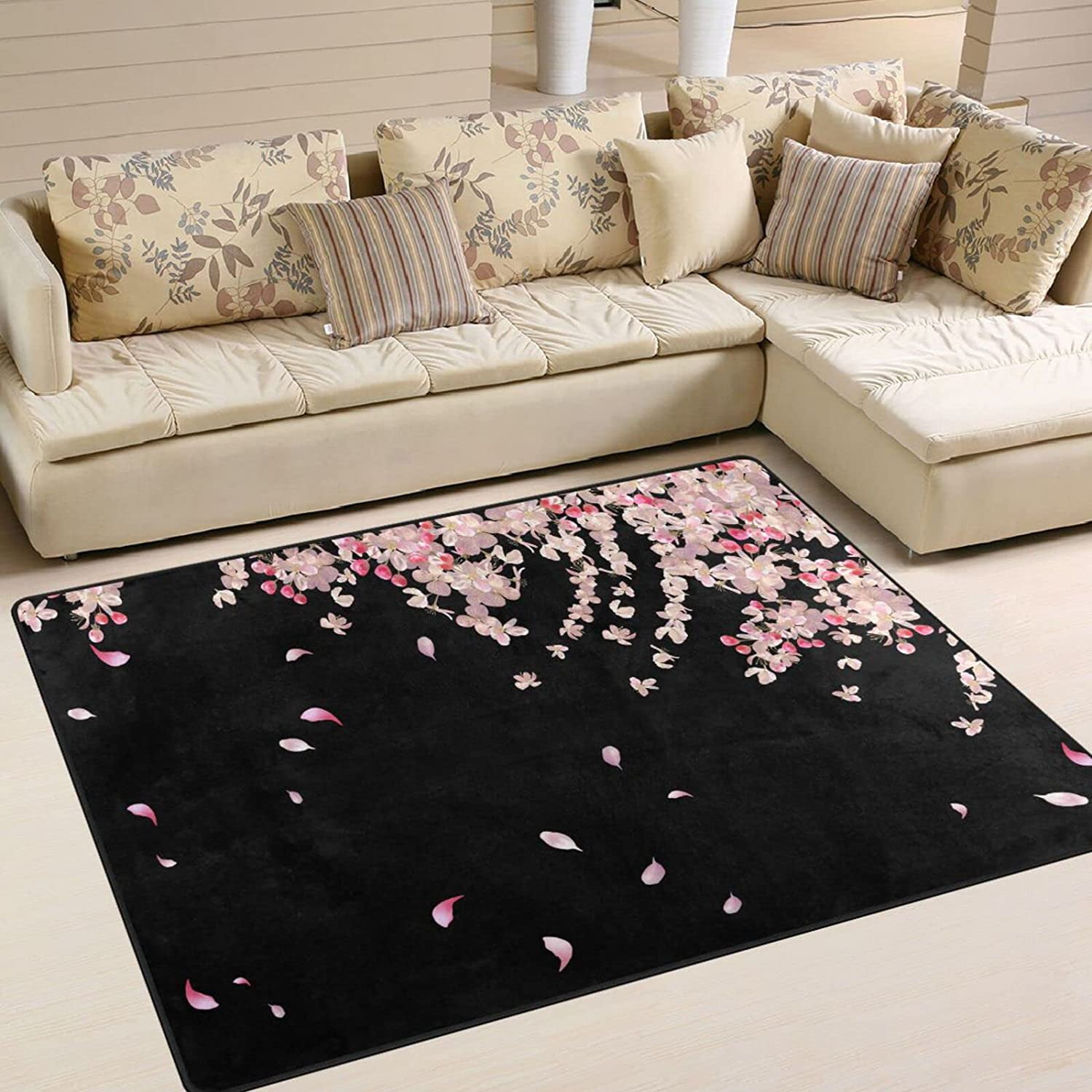 GZHJMY Flying Cherry Blossom Petals Flower Japanese Black Area Rug ...