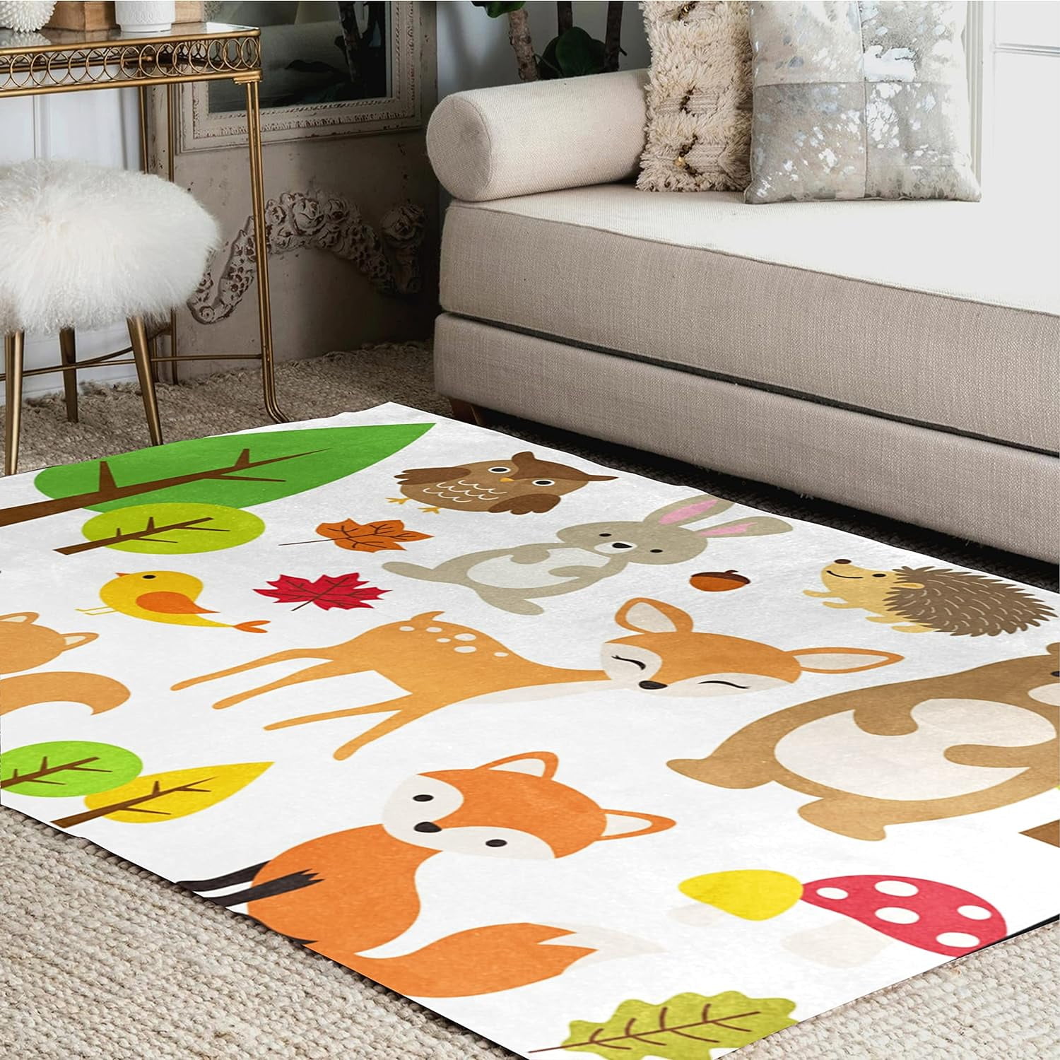 GZHJMY Forest Hipster Fox Deer Bear Owl Bird Rabbit Mushroom Area Rug ...