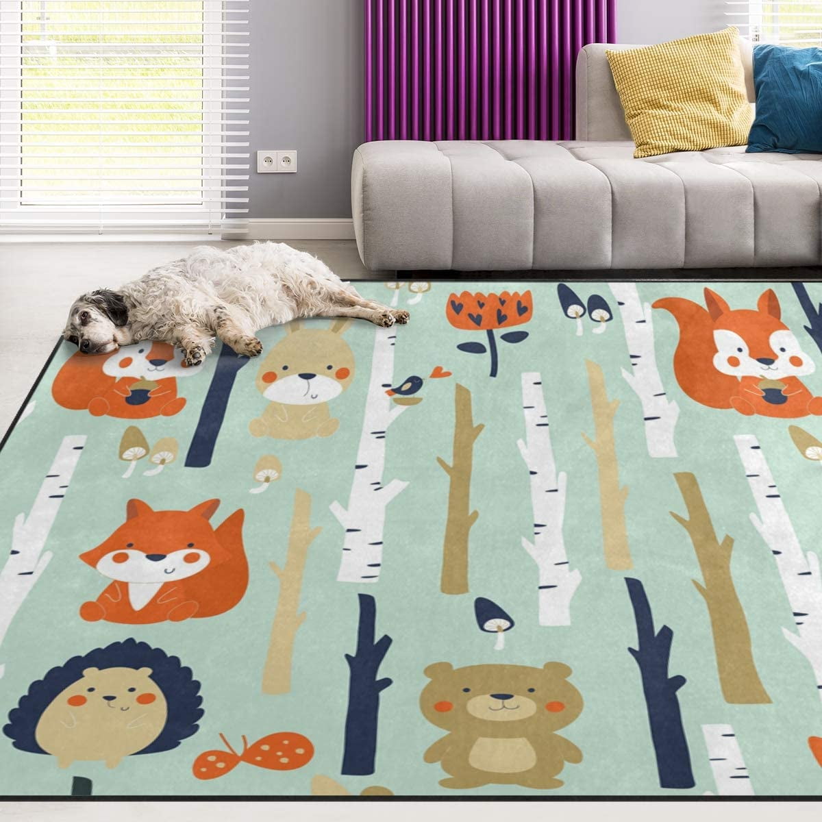 GZHJMY Fox Area Rug 4'x5', Forest Background with Cute Animals in ...