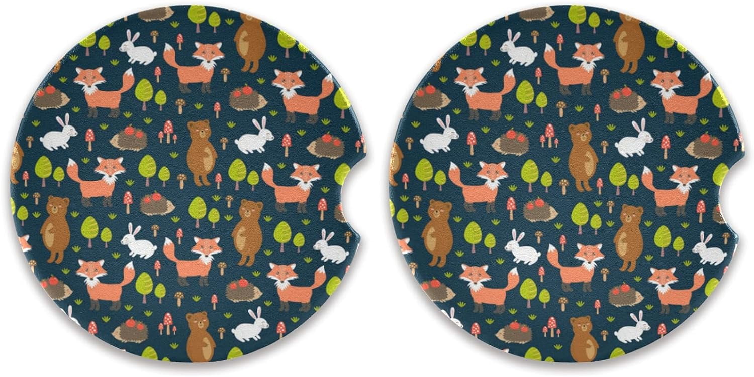 GZHJMY Fox Hedgehog Car Coasters 2 Pieces, Absorbent Ceramic Cork Base ...
