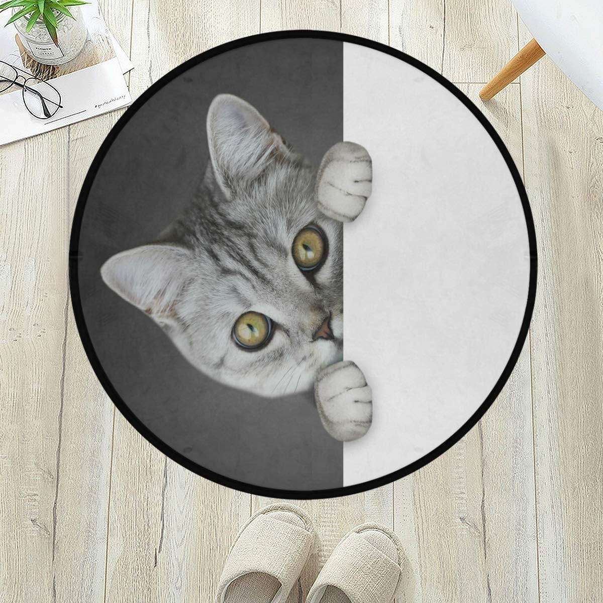GZHJMY Funny Cat Anti Fatigue Round Area Rug, Black and White Cat Non ...