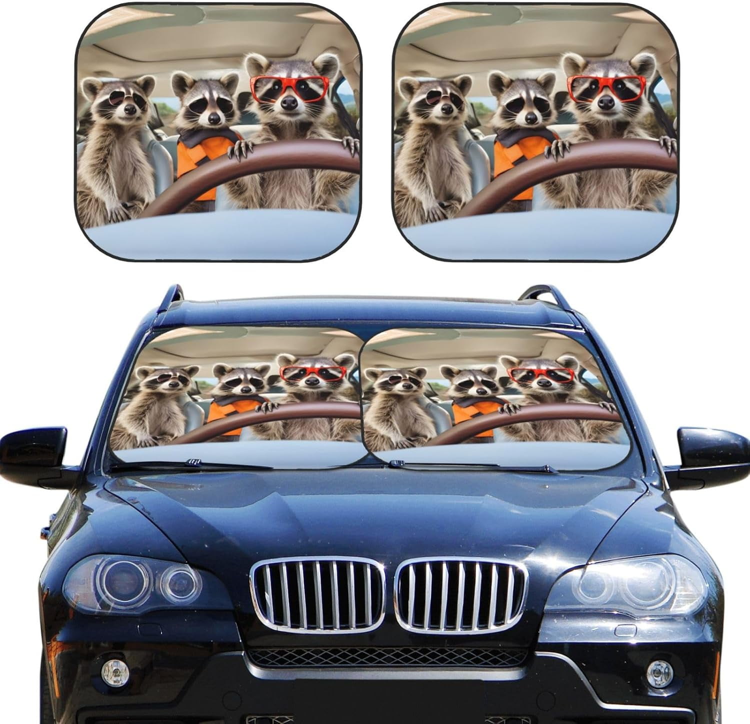 GZHJMY Funny Raccoon Driving Car Car Windshield Sun Shade, 2-Piece ...