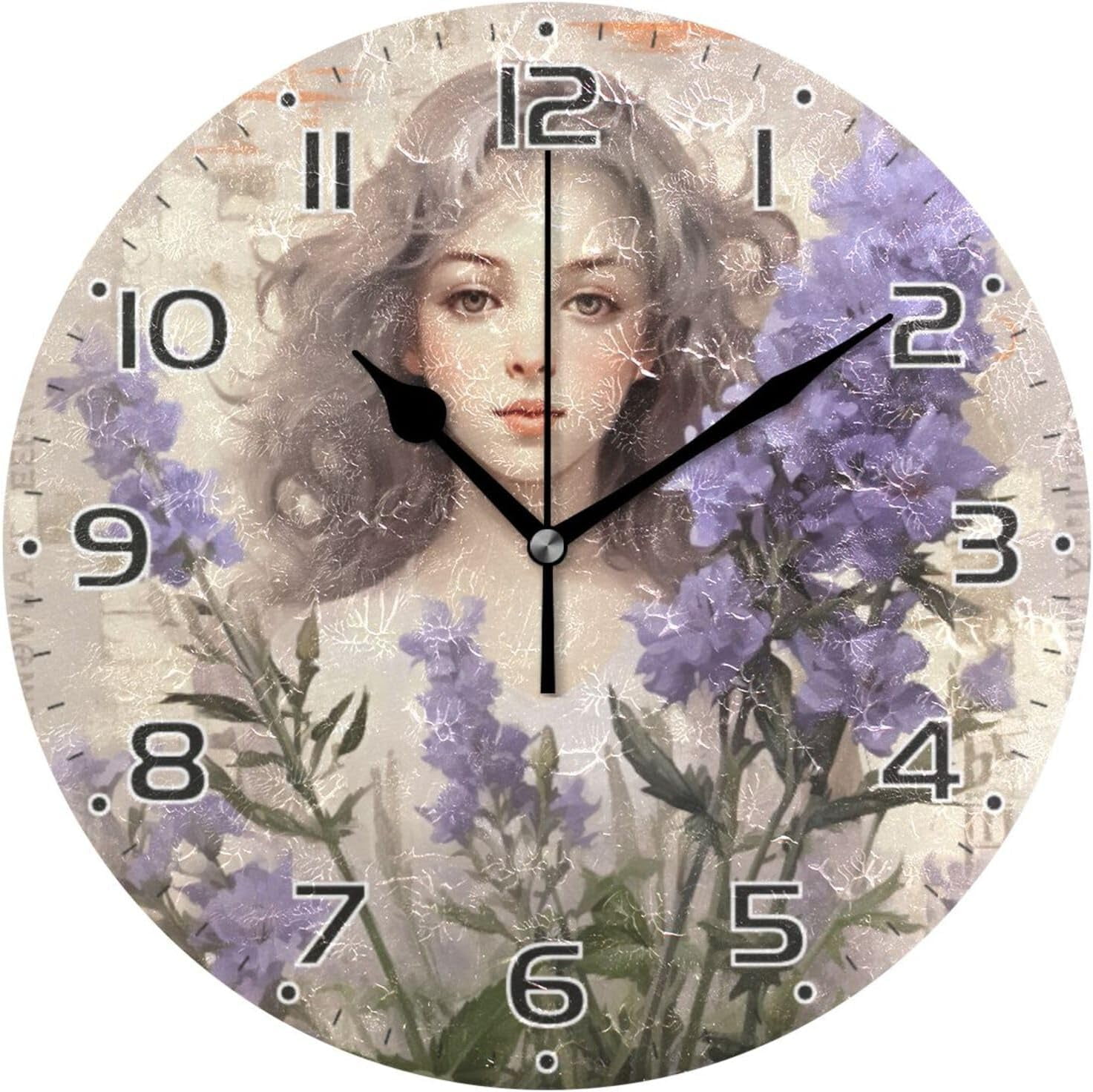 GZHJMY Girl in Lavender Clock Silent Round Wall Clock Non Ticking ...