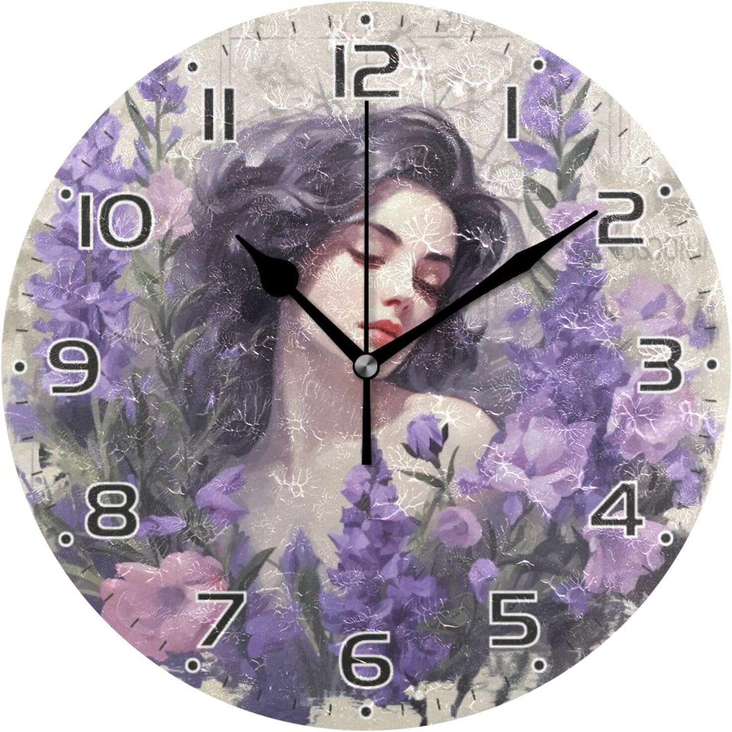 GZHJMY Girl in Lavender Clock Silent Round Wall Clock Non Ticking ...