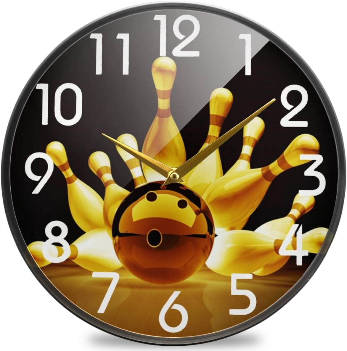 GZHJMY Gold Bowling Print Round Wall Clock, 9.5 Inch Silent Battery ...