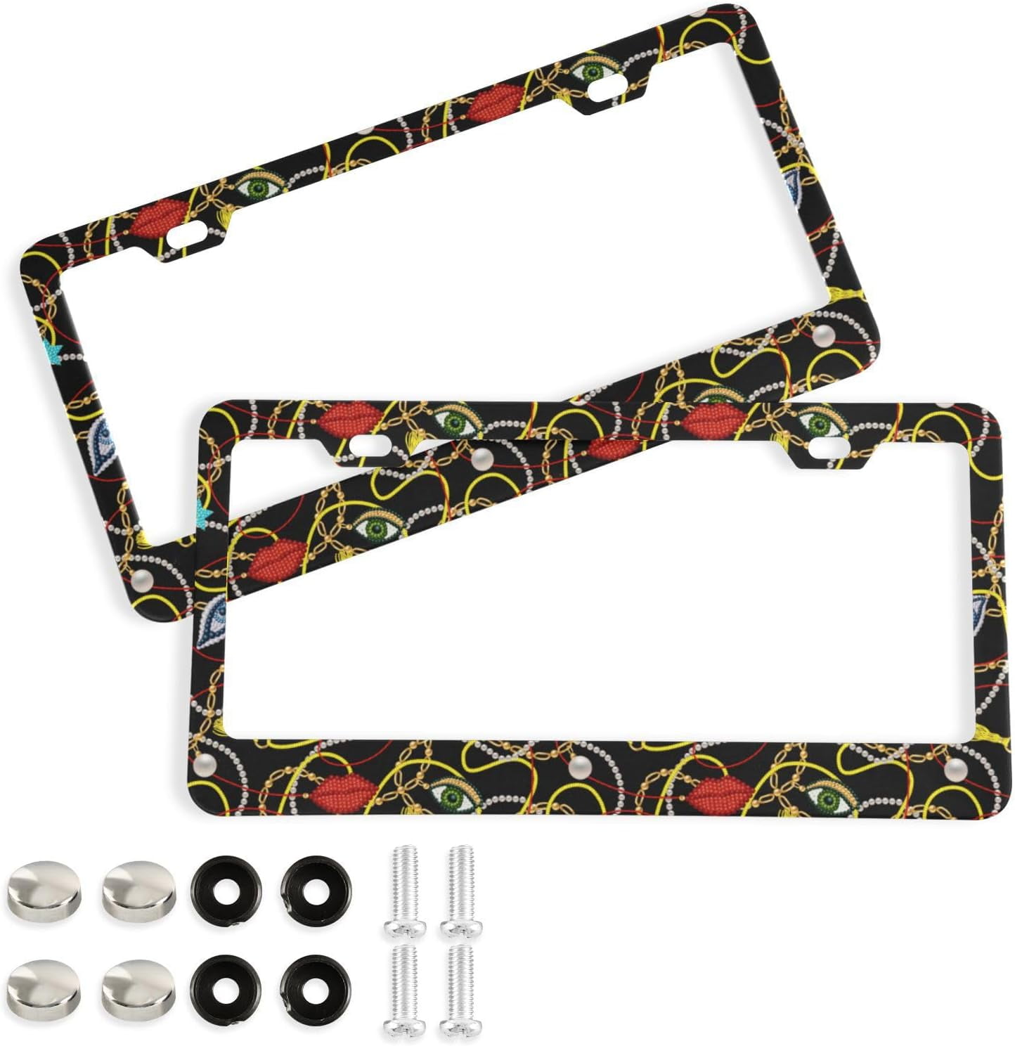 GZHJMY Golden Chains Pearls Eyes Red Lips Print License Plate Frames ...