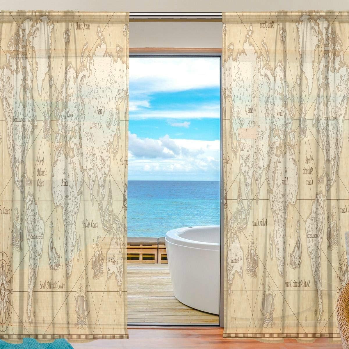 GZHJMY Great Vintage World Map Sheer Curtains Window Voile Panels ...