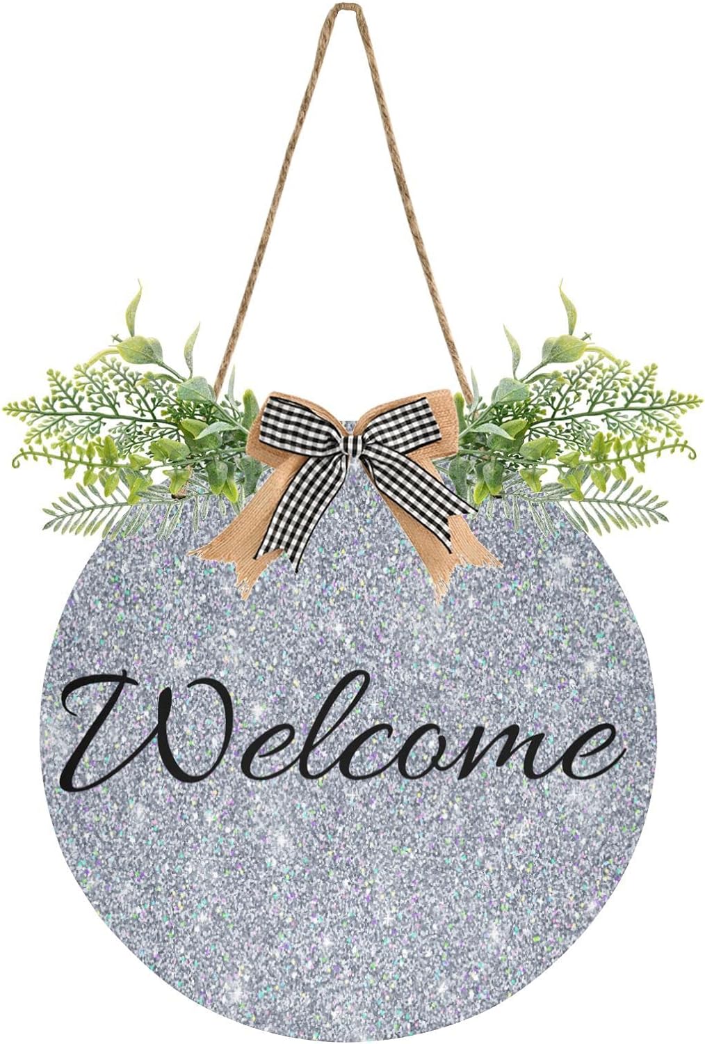 GZHJMY Grey Glitter Texture Welcome Sign Round Wall Door Sign with ...