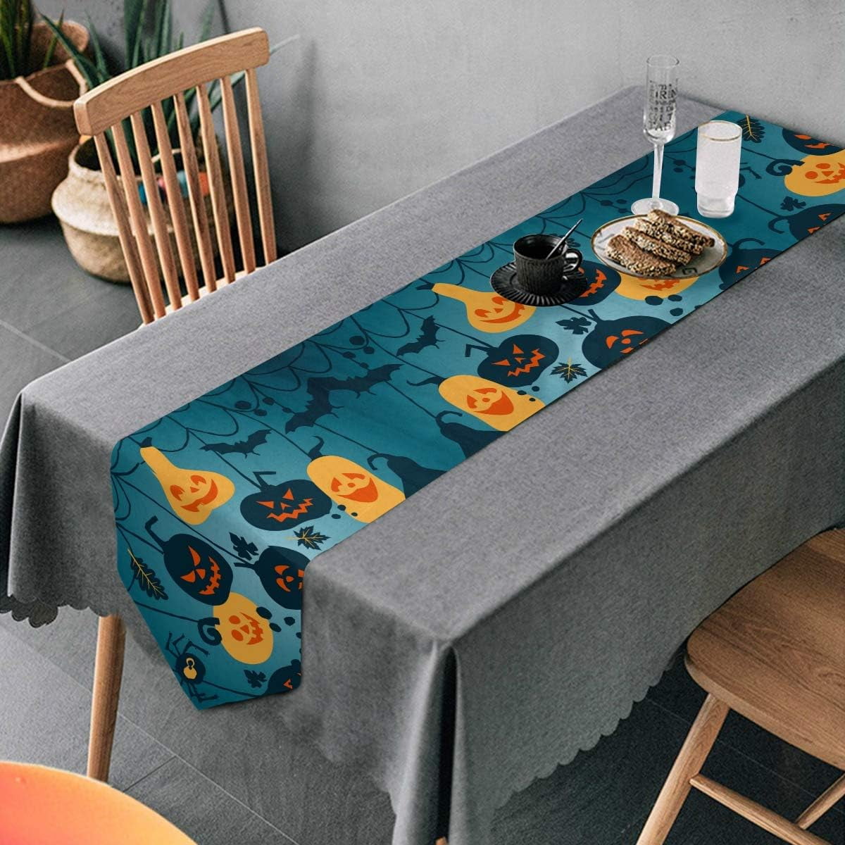 GZHJMY Halloween Jack-O-Lantern Bat Table Runner Dining Table Room ...