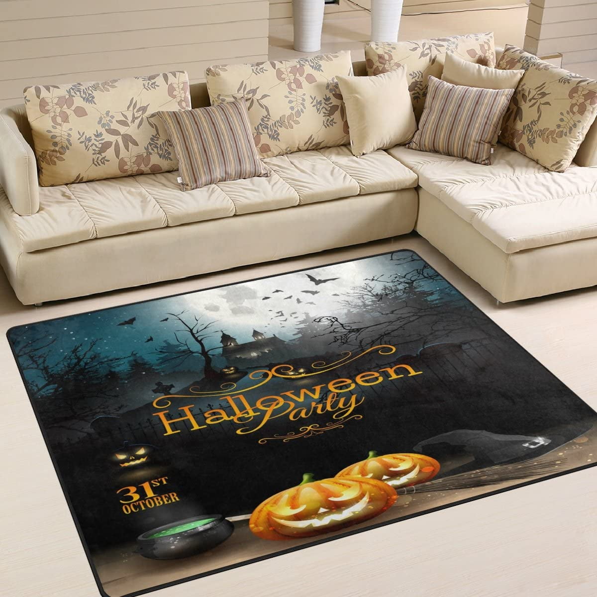 GZHJMY Halloween Night Moon Pumpkin Castle Area Rug Living Room Rugs ...