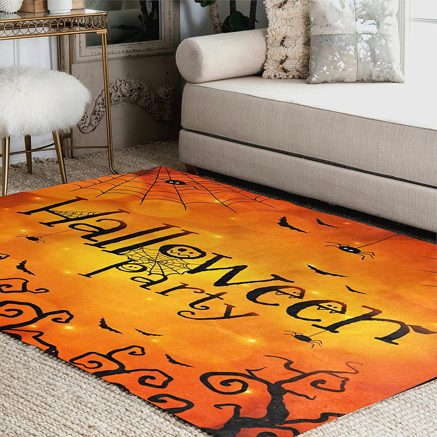 GZHJMY Halloween Spider Web Bat Orange Area Rug Living Room Rugs - 5'3 ...