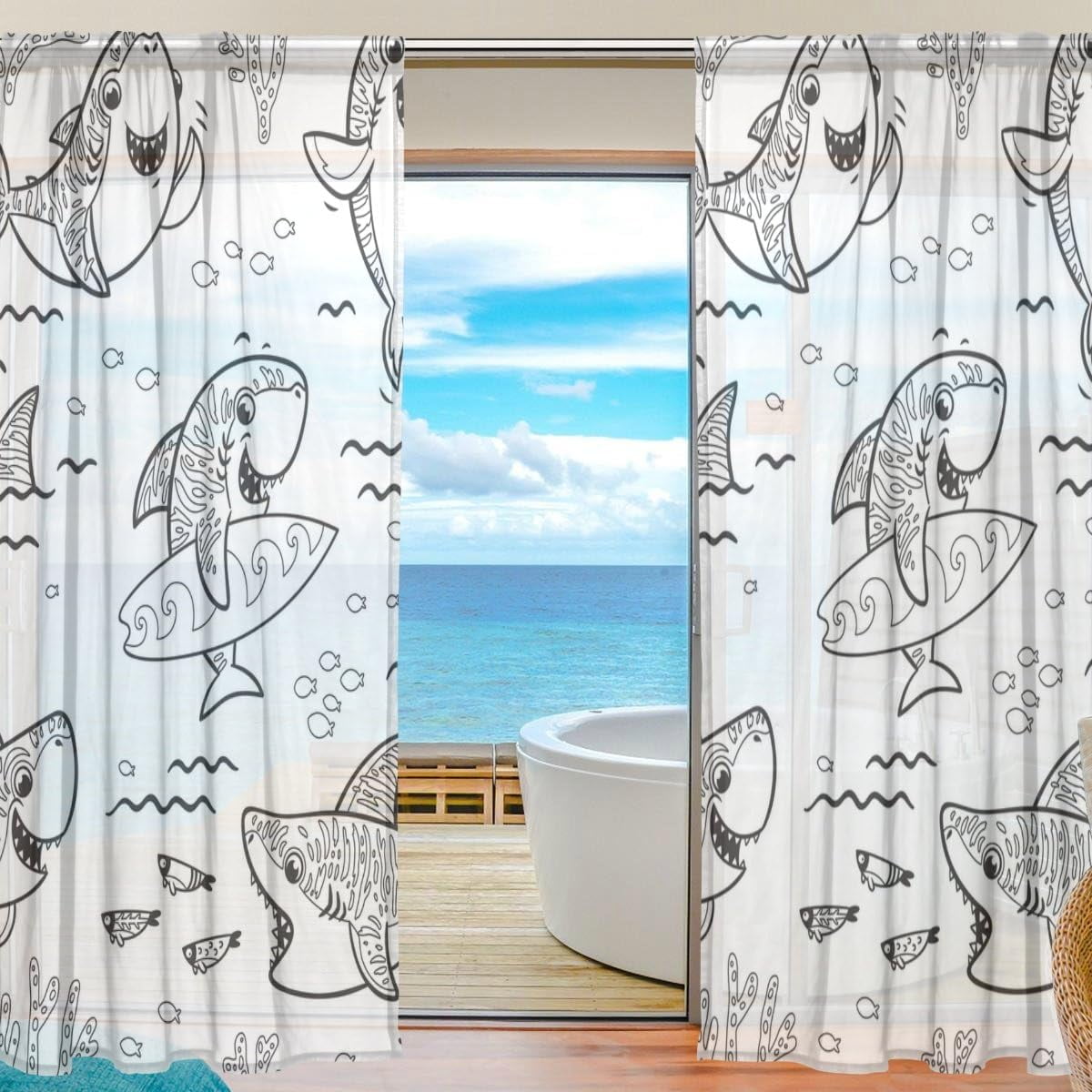 GZHJMY Hand Drawan Sharks Sheer Window Curtain Panel Drape 55x78 Inch ...