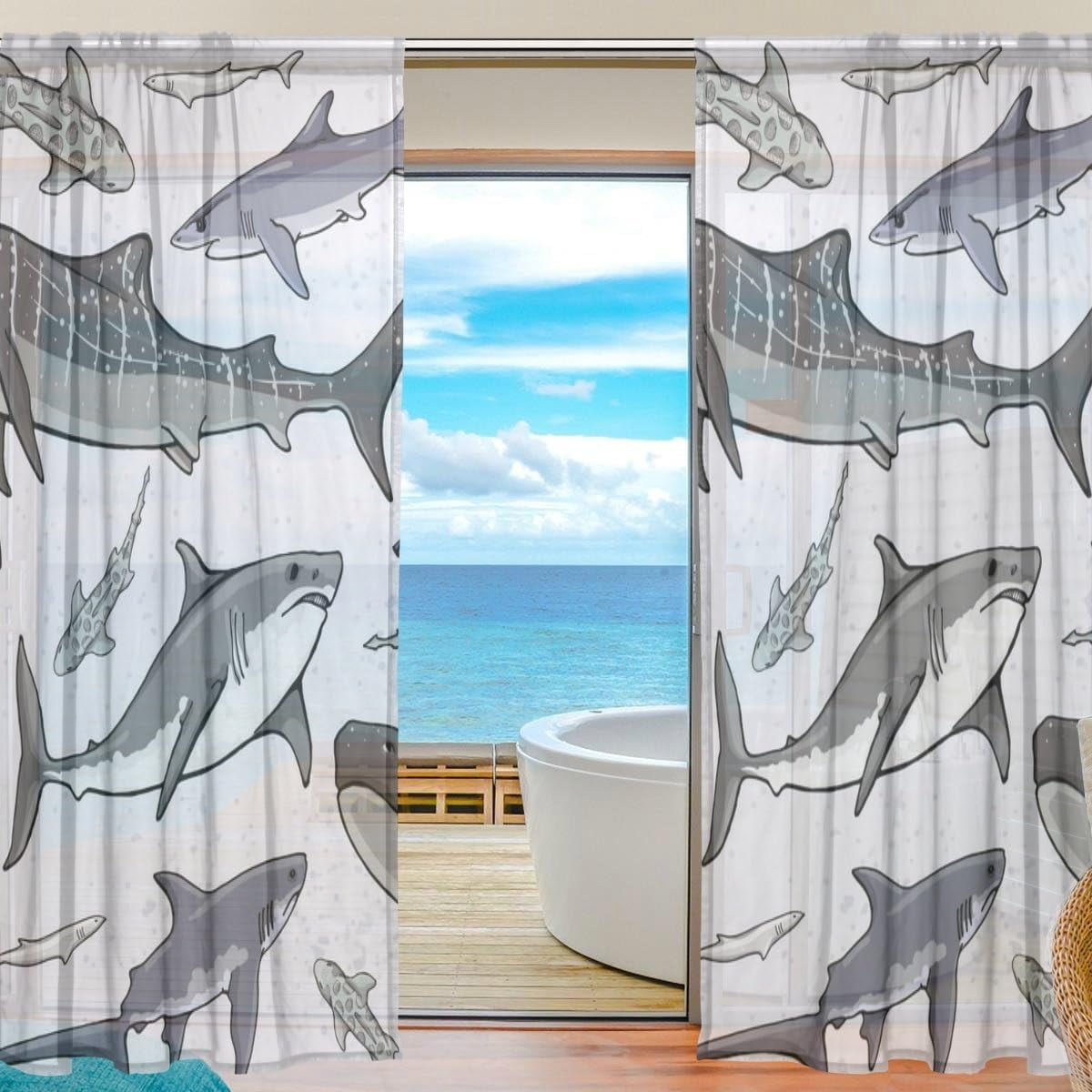 GZHJMY Hand Drawn Sharks Sheer Window Curtain Panel Drape 55x78 Inch ...