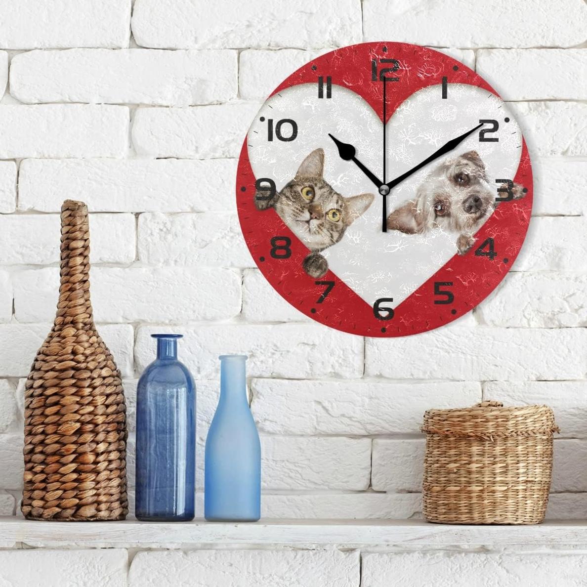 GZHJMY Heart Cat Dog Wall Clock, 10" Silent Non Ticking Round Clock ...