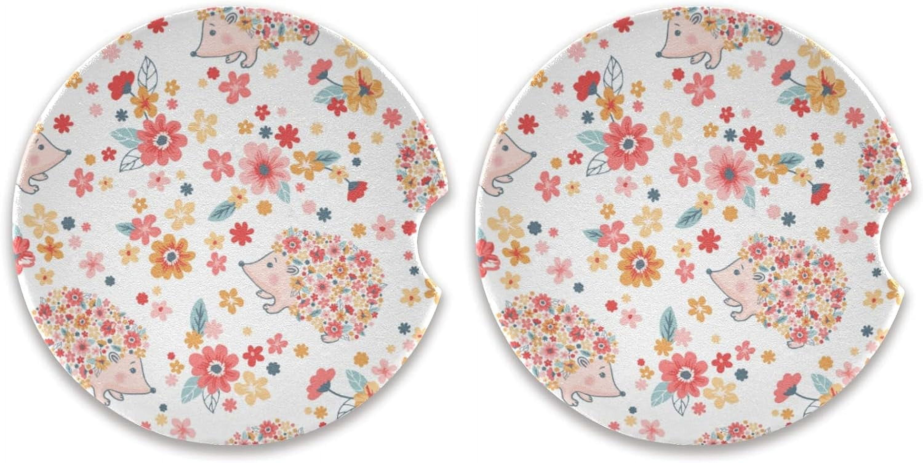GZHJMY Hedgehog Flower Car Coasters 2 Pieces, Absorbent Ceramic Cork ...