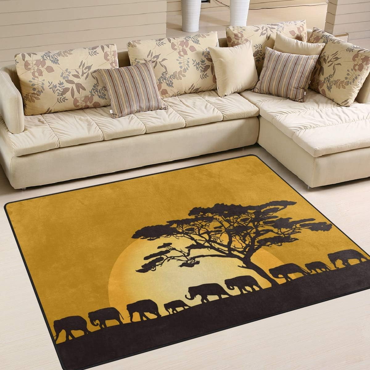 GZHJMY Herd of African Elephants Silhouettes at Sunset SceneryArea Rug ...