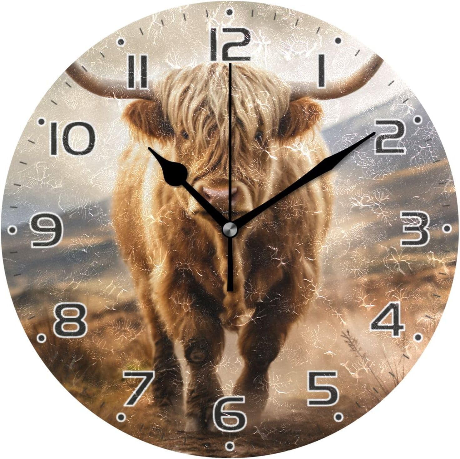 GZHJMY Highland Cow Clock Silent Round Wall Clock Non Ticking Battery ...