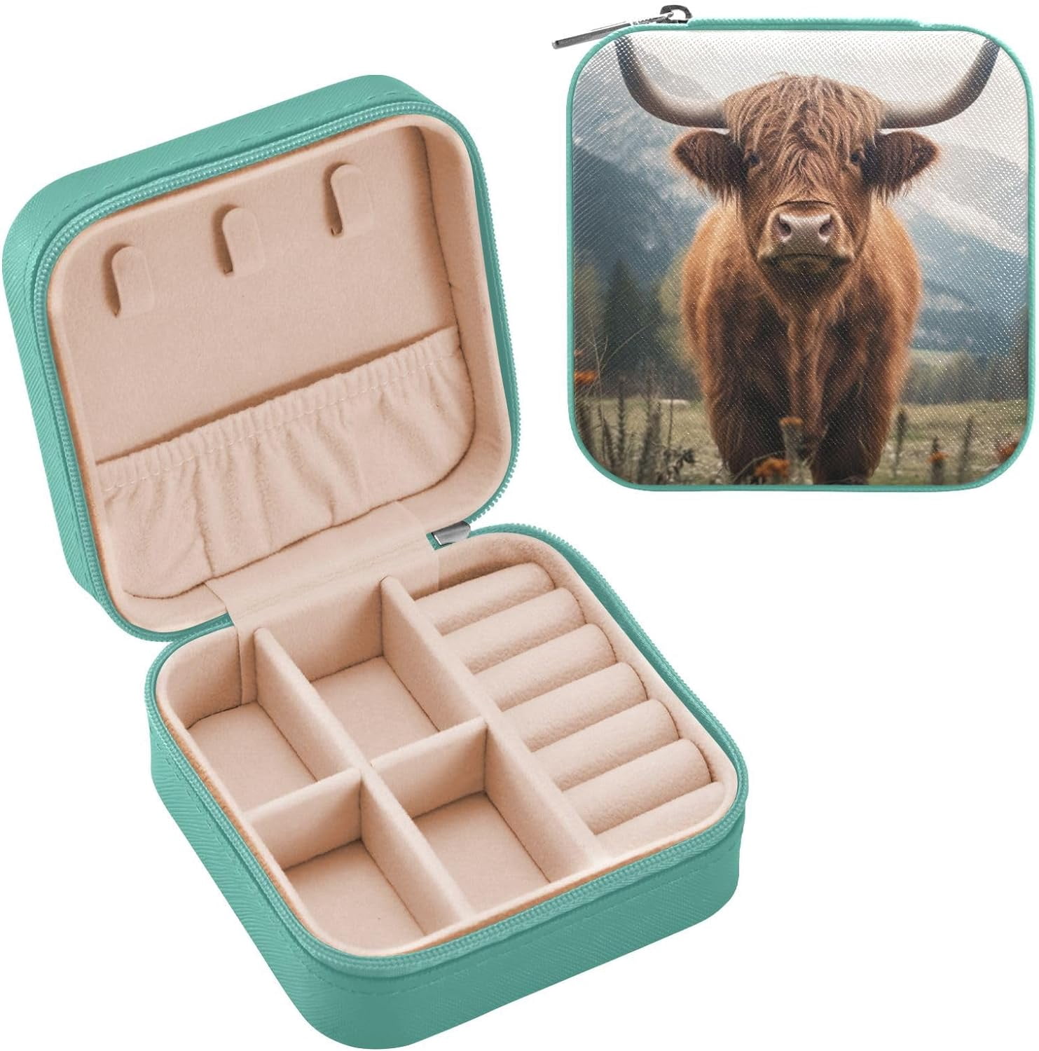 GZHJMY Highland Cow Compact Leather Jewelry Box - Mini Travel Jewelry ...