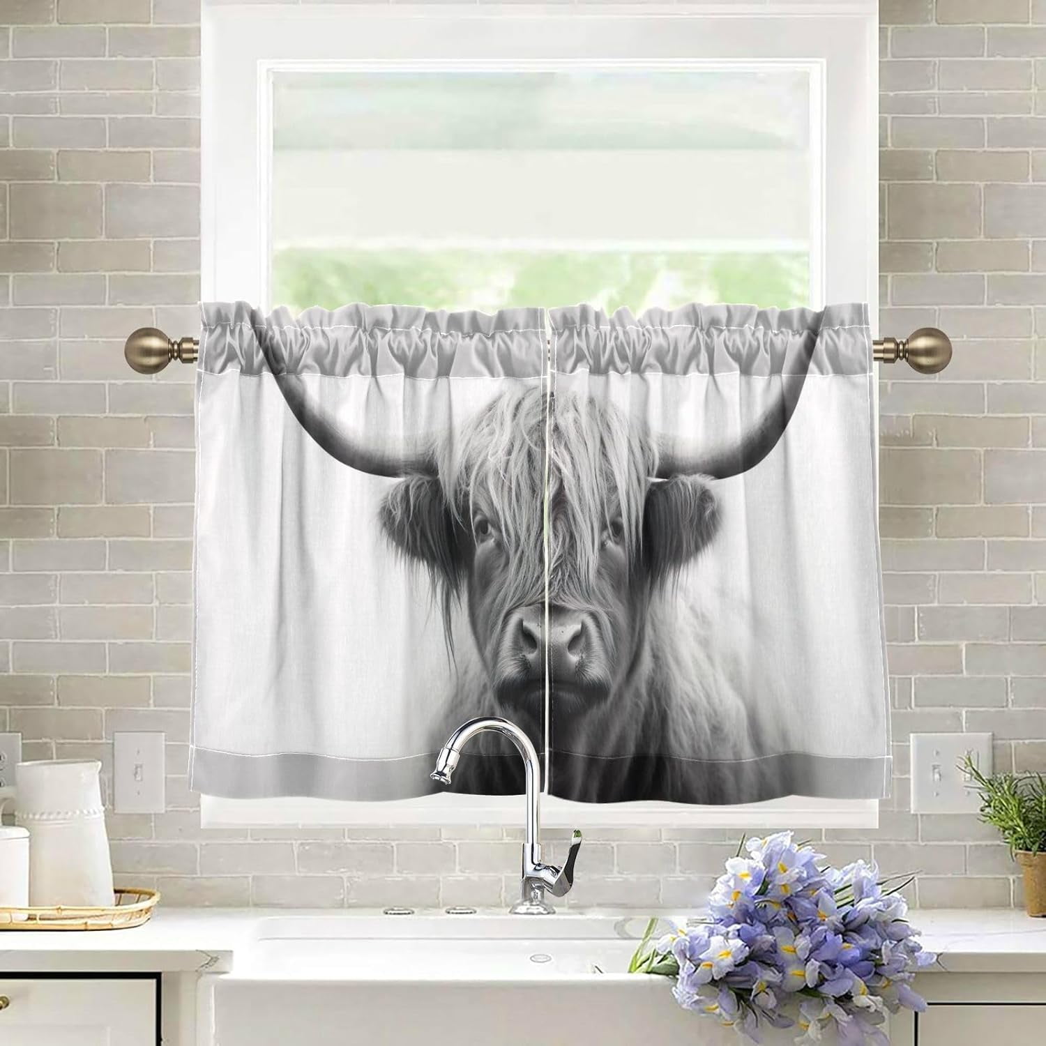 GZHJMY Highland Cow Half Window Tier Curtains 36 Inch Blackout Thermal ...