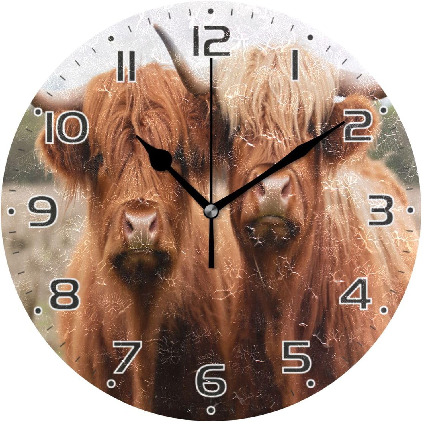 GZHJMY Highland Cows Clock Silent Round Wall Clock Non Ticking Battery ...
