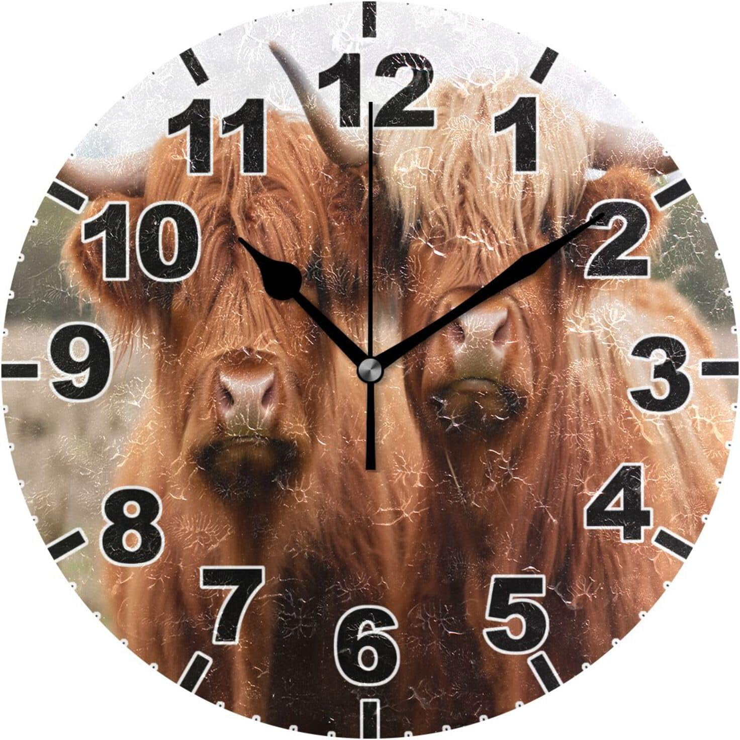 GZHJMY Highland Cows Round Wall Clock, Battery Operated Silent Non Ticking Desk Clock for Home ...