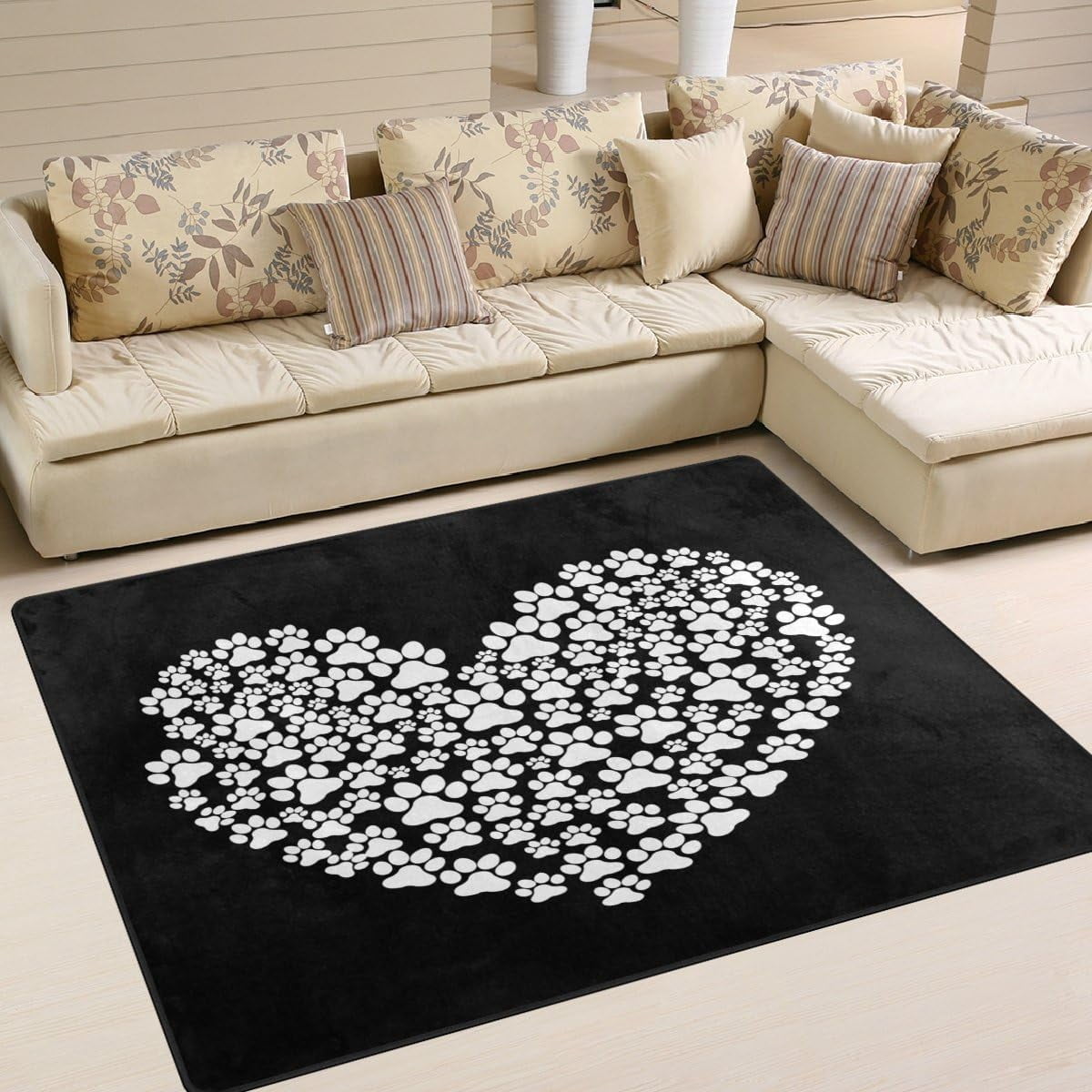 GZHJMY Hipster Dog Paw Print Love Heart Black Area Rug Living Room Rugs ...